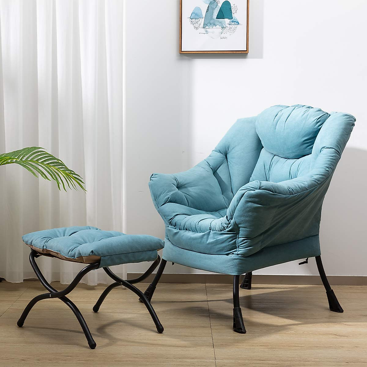 HollyHOME Modern Fabric Lazy Chair and Folding Footrest Stool, Accent Contemporary Lounge Chair and Portable Ottoman, Steel Frame Leisure Sofa Chair and Metal Cotton Anti-Slip Footstool, Blue