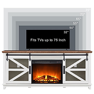 OKD Fireplace TV Stand for 70 75+ Inch TV, Industrial & Farmhouse Entertainment Center w/23 Electric Fireplace & Sliding Barn Door, Rustic Media Console Cabinet for Living Rooms, Antique White