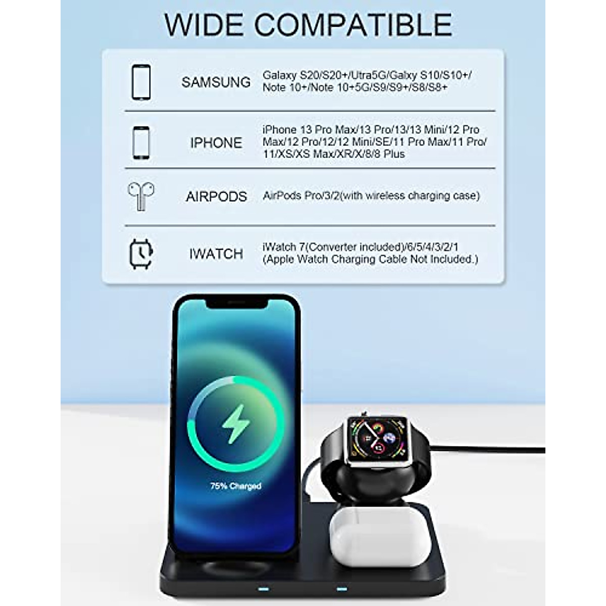 Wireless Charging Station, 3 in 1 Wireless Charger, 18W Fast Charger Stand for iPhone 13/12/11/Pro/Max/XR/XS/X, Apple Watch 7/6/SE/5/4/3/2/1, AirPods Pro/3/2, Adapter and Cable Included