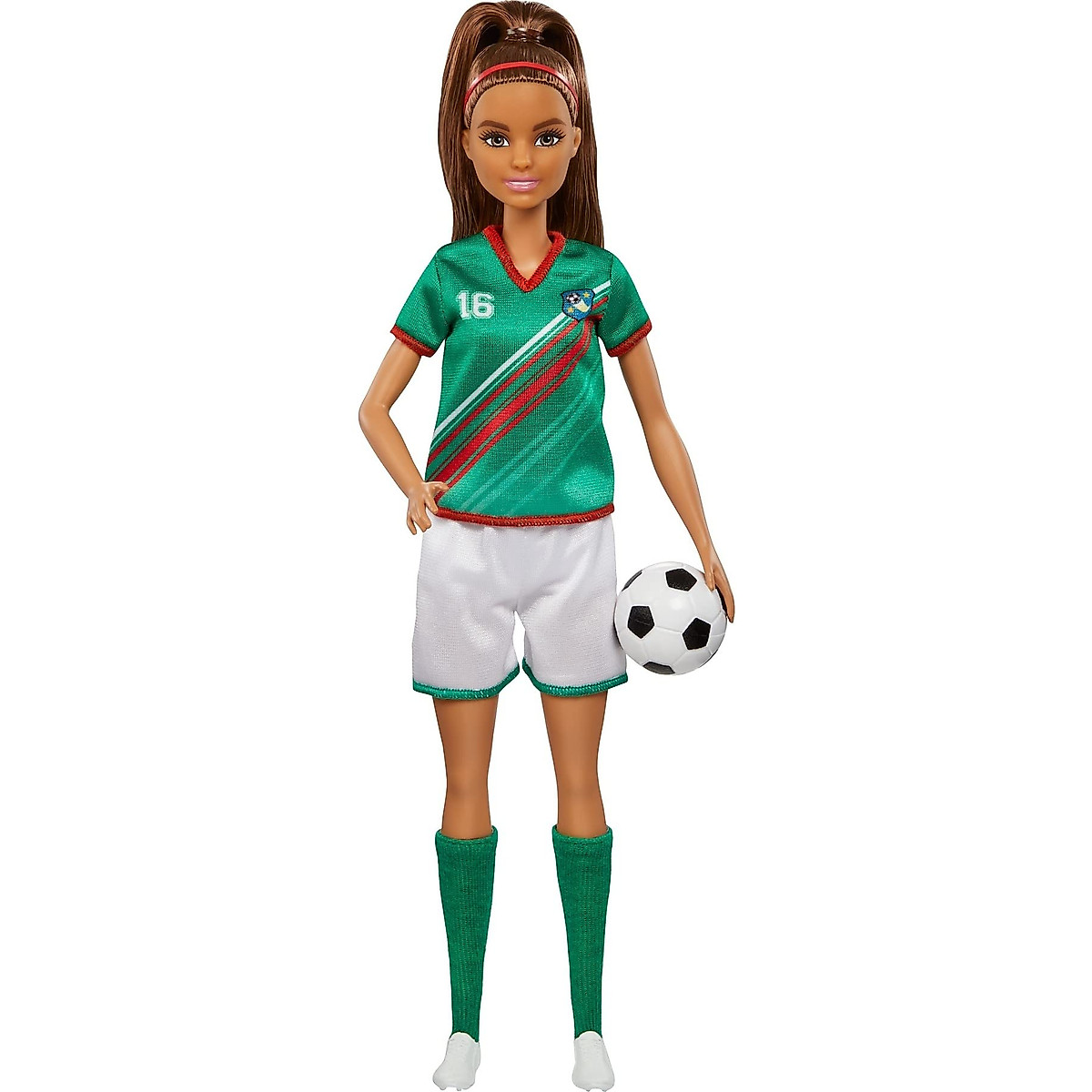 Barbie Soccer Fashion Doll with Brunette Ponytail, Colorful #16 Uniform, Cleats & Tall Socks, Soccer Ball 11.5 inches
