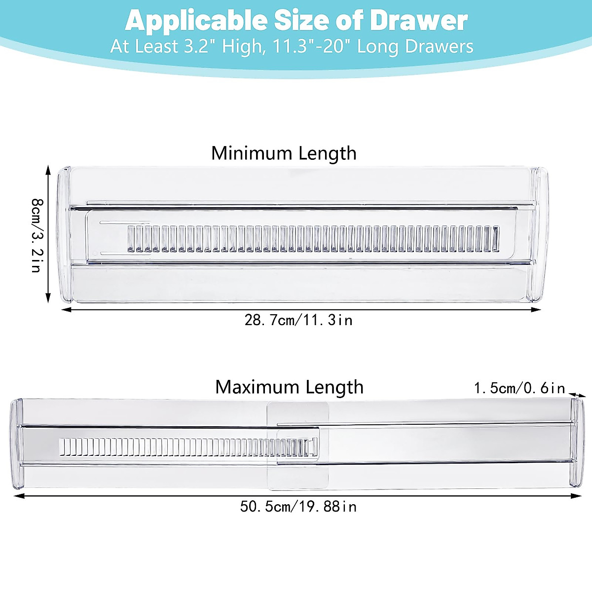 Drawer Dividers, 4 Pack Adjustable Drawer Organizers 3.2" High Expandable from 11.3-20" Clear Expandable Dresser Organizer for Clothes Kitchen Utensils Cutlery Drawer Organizers Set