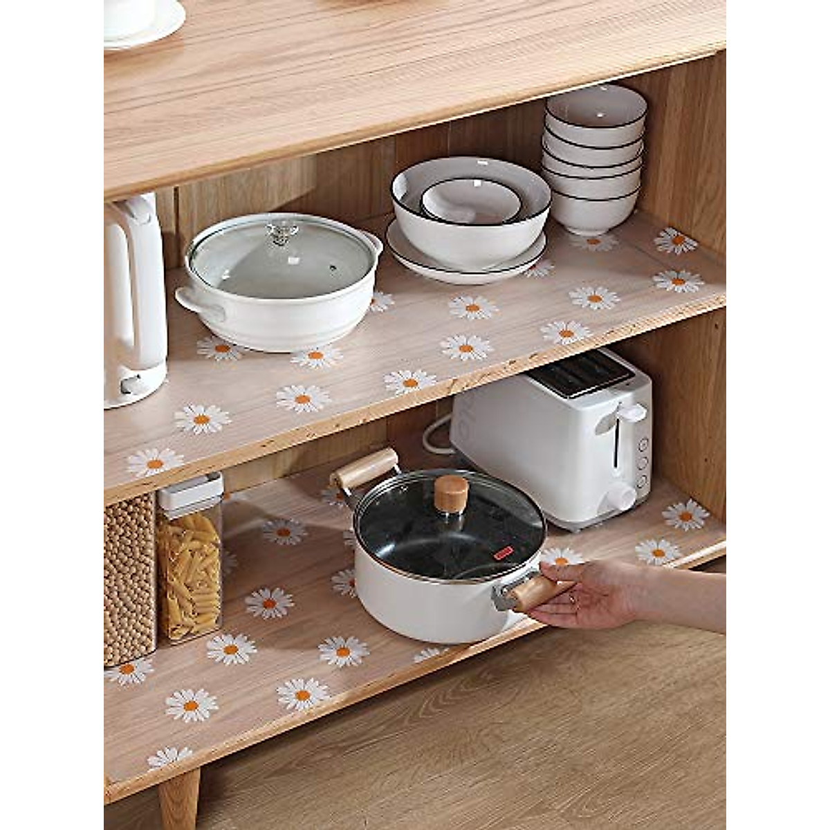 Daisy Shelf Liner for Kitchen Cabinets Non-Adhesive Drawer Liner Non-Slip Refrigerator Liner Waterproof Fridge Pad Cupboard Mat Easy Placemats, Ideal for Wire Pantry Bathroom, 11.8"X59"