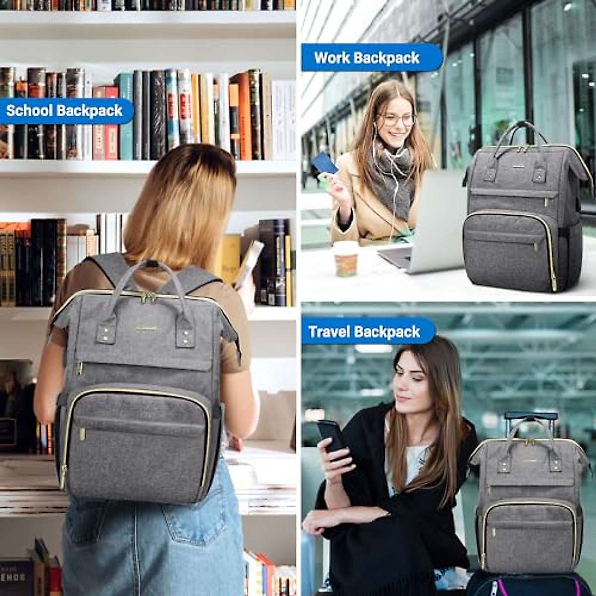LOVEVOOK Laptop Backpack Women Teacher Backpack Nurse Bags, 15.6 Inch Womens Work Backpack Purse Waterproof Anti-theft Travel Back Pack with USB Charging Port (Grey)