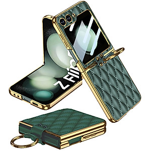 Miimall Leather Case with Metal Ring Holder Stand Compatible with Galaxy Z Flip 5, Built-in Screen Protector, Leather Cover with Electroplating Frame Ultra-Thin Case Cover for Z Flip 5 (Deep Green)