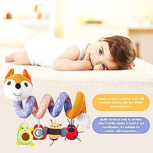 HILENBO Car Seat Toys, Infant Baby Orange Fox Spiral Plush Activity Hanging Toys for Car Seat Stroller Bar Crib Bassinet Mobile with Music Box BB Squeaker and Rattles（Orange）