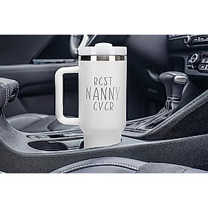 Elanze Designs Best Nanny Ever Childcare Au Pair 40 oz. Stainless Steel, Large Water Bottle Coffee Mug, Spill & Leak Resistant, Thermal Travel Tumbler with Handle, Lid & Straw, White