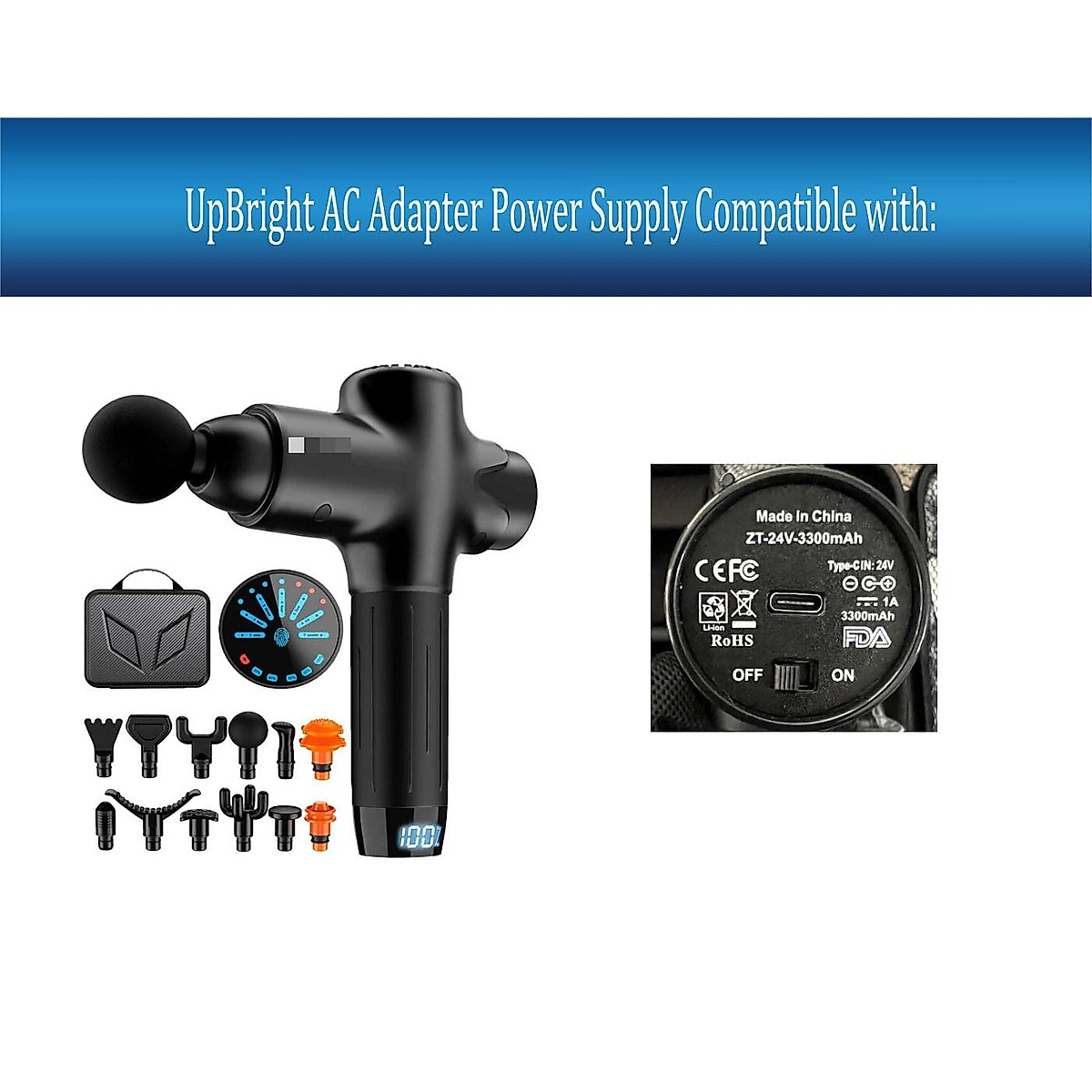 UpBright USB-C AC/DC Adapter Compatible with DACORM Y8 Pro Max Y8Pro Percussion Deep Tissue Muscle Massage Massager Gun ZT-24V-3300mAh Lithium ion Power Supply Cord Cable PS Wall Home Battery Charger