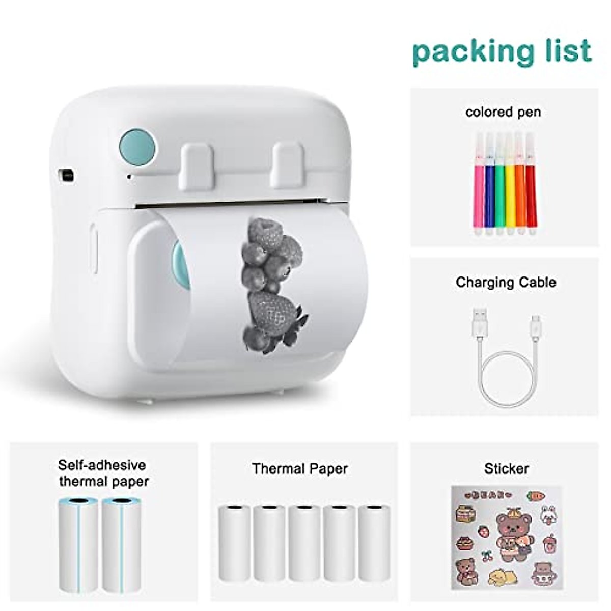 Portable Mini Printer, Small Pocket Thermal Printer with 7 Color Lamp, Bluetooth Wireless Smart Photo Printer with 7 Rolls Paper, Label Maker Machine with iOS Android for Notes, Memos and DIY Painting