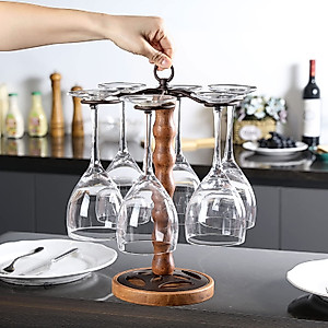 MyGift Brown Solid Wood and Antique Bronze Metal Tabletop Wine Glass Holder with Scrollwork Design, Free Standing Stemware Display Stand, Holds 6 Glasses