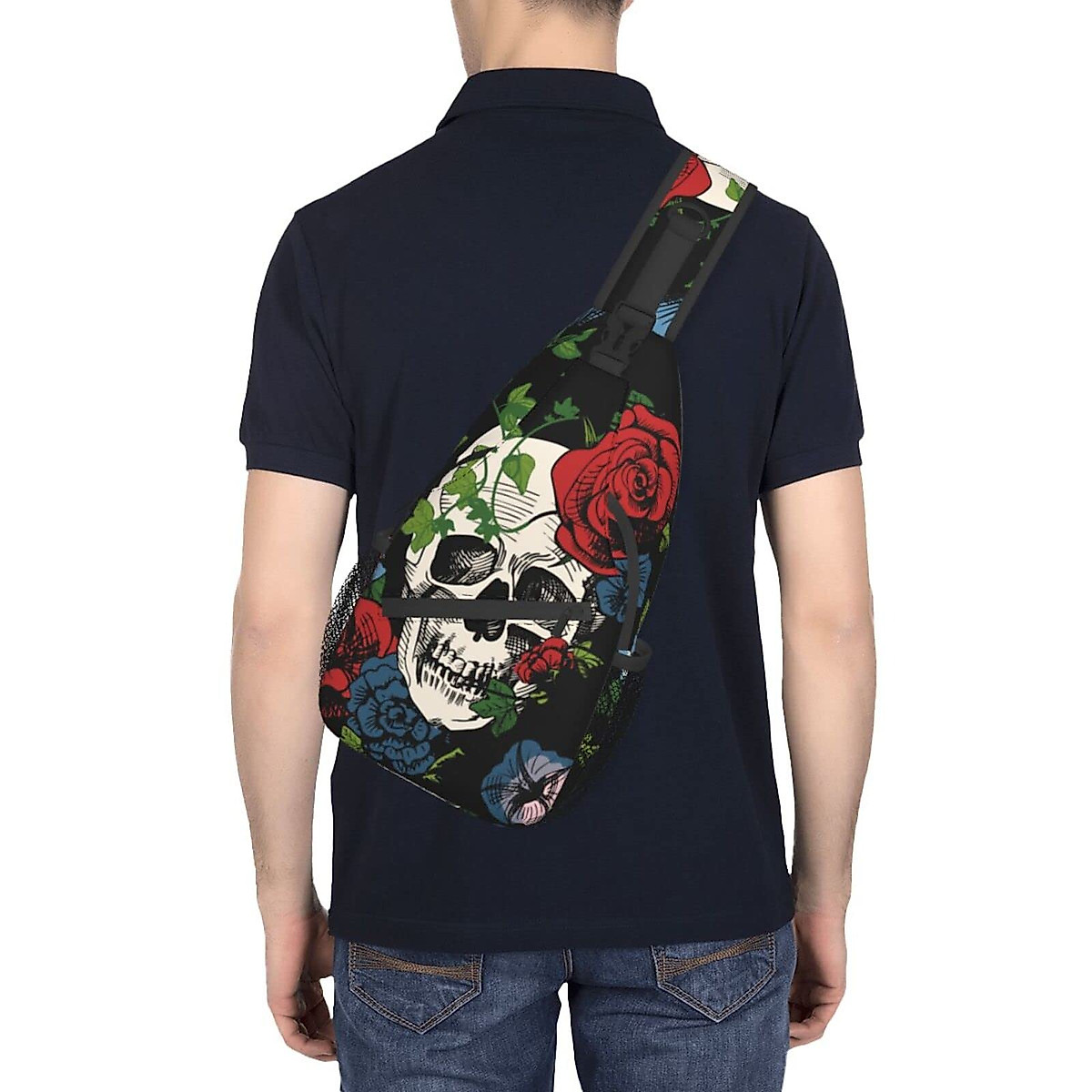 Yrebyou Skull Sling Bag Crossbody Shoulder Backpack for Women Men Hiking Travel Small Lightweight with Strap Daypack Cross Chest Bag Over Side Pack with Adjustable Strap Bottle Holders