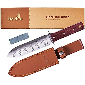 HOKURU Hori Hori Knife - Landscaping, Digging, Weeding, Cutting, Planting Gardening Tool With Leather Sheath, Stainless Steel Blade and Sharpening Stone
