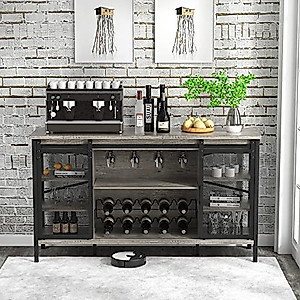 QNICE Industrial Wine Bar Cabinet / 55" Sliding Barn Door Coffee Bar Cabinet/Farmhouse Bar Cabinet with Wine Rack/Dark Rustic Oak/Easy Assembly
