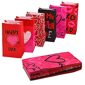 ECOptimize Pink Red Party Favor and Wrapped Treat Bags - 6 Design (30 Ct, Heart Design) Small Gift Bags for Valentines Day, Birthday, Baby Showers, Crafts and Care Packages, May Day