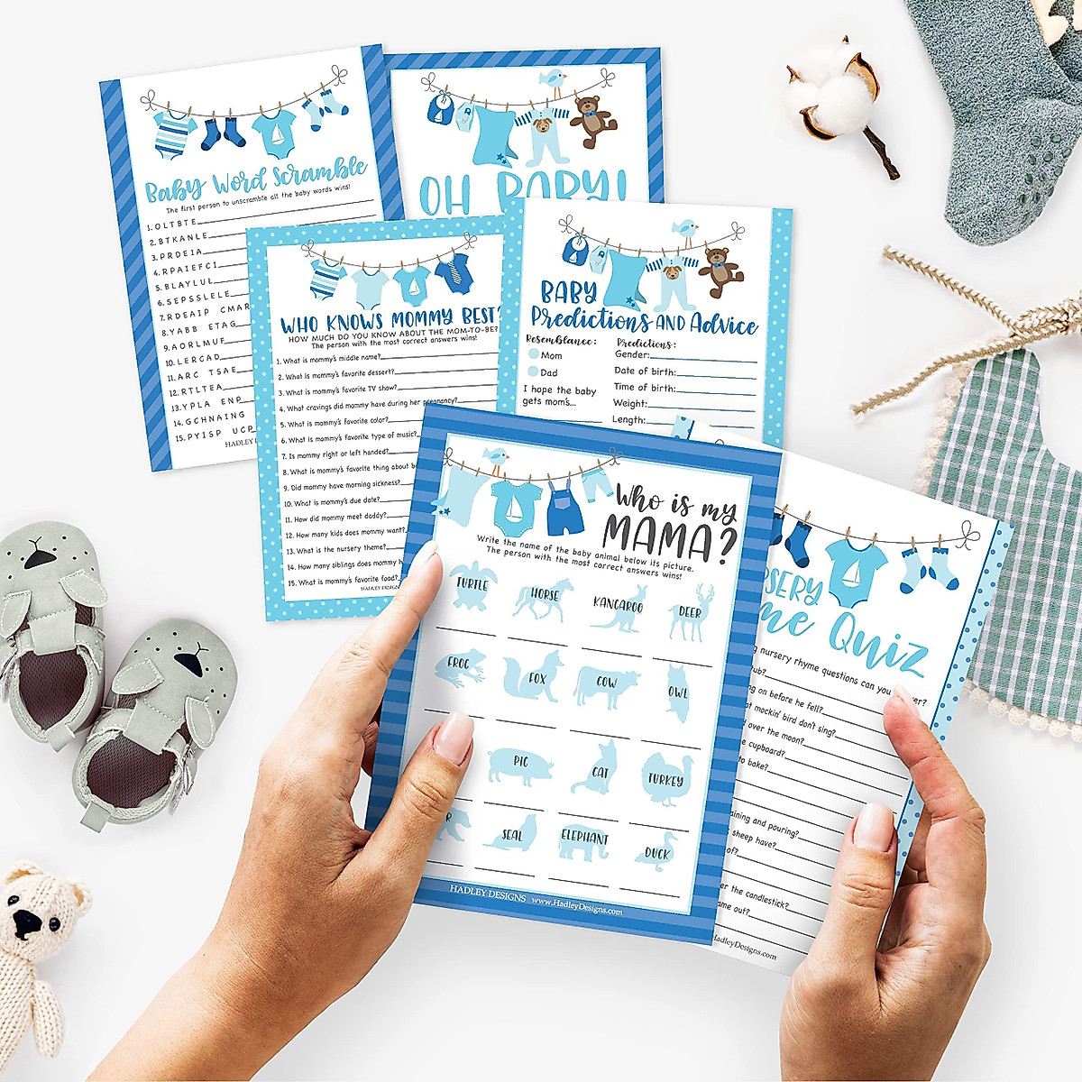 25 Blue Animal Matching, 25 Nursery Rhyme Game, 25 Word Scramble For Baby Shower, 25 True Or False Game, 25 Who Knows Mommy Best, 25 Baby Prediction And Advice Cards - 6 Double Sided Cards
