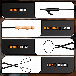 Firewood Carrier + Fire Poker + Fireplace Tongs - Fire Pit Tools for Indoor and Outdoor Use, Log Carrier for Firewood, 32 Inch Fire Poker, 26 Inch Fire Tongs, Fireplace Tools