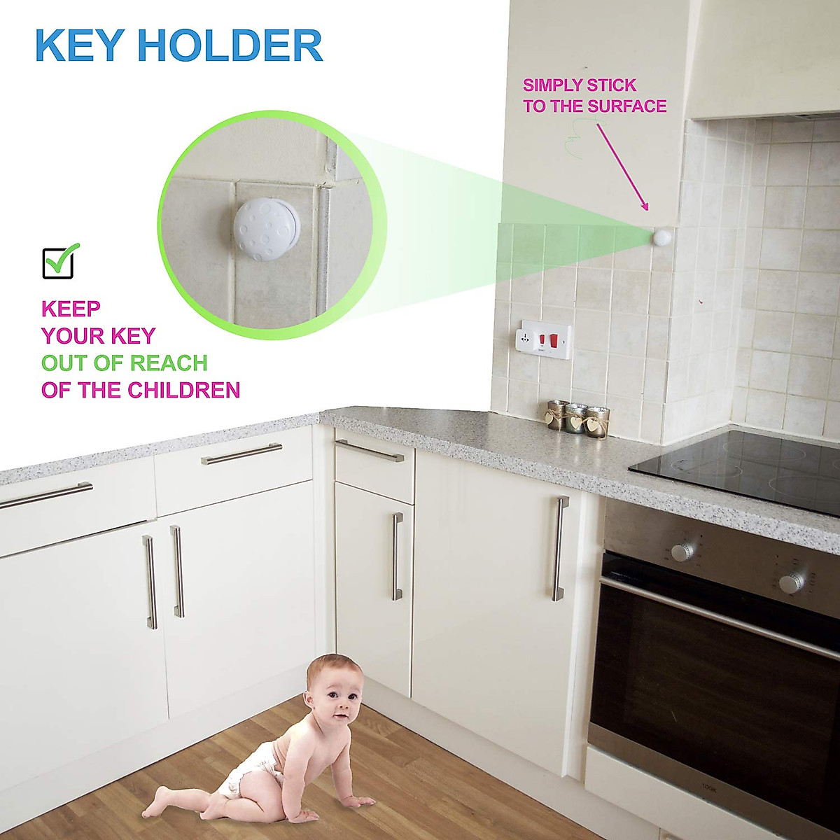 Magnetic Cabinet Locks Replacement Keys (2 Pack) | Baby Proofing Door Locks For Kids Safety Extra Strong Magnets | Universal Fit for Child Safety Cabinet Locks Brand | Key Holder Included