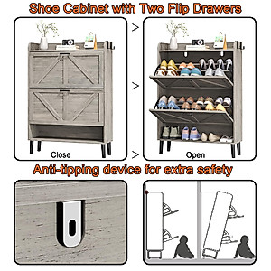 HOMEFORT Shoe Storage Cabinet for Entryway, Slim Shoe Organizer with Two Flip Drawers, Narrow Shoe Rack Cabinet with Wood Legs, Farmhouse Hidden Shoe Cabinet for Foyer, Front Door Entrance,Washed Gray