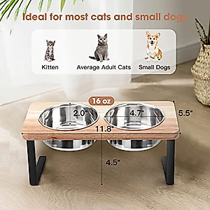 Siooko Elevated Cat Bowls, 15° Tilted Raised Cat Food Bowls Wood Pet Bowls with Stand Anti Vomiting 2 Stainless Steel Bowls for Cats and Puppy