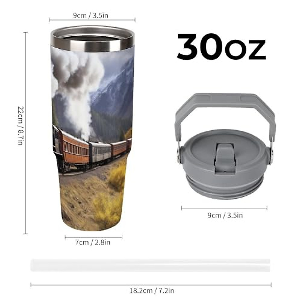 RTFGHJS Steam Locomotive Train 30 Oz Tumbler with Handle And Flip Straw, Stainless Steel Vacuum Insulated Travel Mug, Thermal Cup for Coffee, Water, Iced Drinks, Fits Car Cup Holders (Home, Sports)