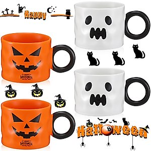 Zhehao 4 Pieces Halloween Mugs 15oz Mug Set Halloween Coffee Mugs with Handle Halloween Ceramic Matching Mugs for Home School Office Table Centerpieces Housewarming Holiday Party Gift (Cute Style)