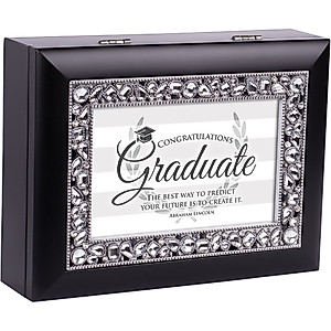 Cottage Garden Congratulations Graduate Matte Black Jewelry Music Box Plays Pomp and Circumstance