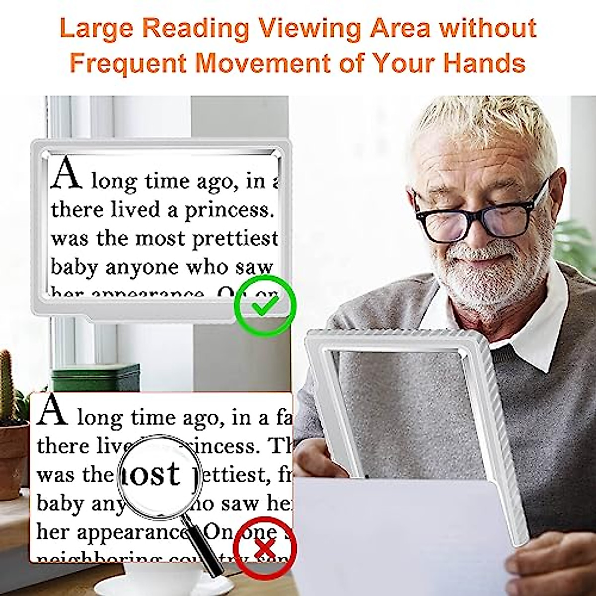 5X Large Page Magnifying Glass for Reading, Full-Page Viewing Area Magnifier Handheld Lightweight Magnifier for Reading Seniors and Low Vision Person Silver