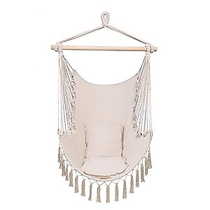 Hanging Rope Hammock Chair, Lace Swing Chair with 2 Seat Cushions & Installation Kit, Max 330 Lbs, for Indoor Outdoor Garden Yard Theme Decoration (Beige)