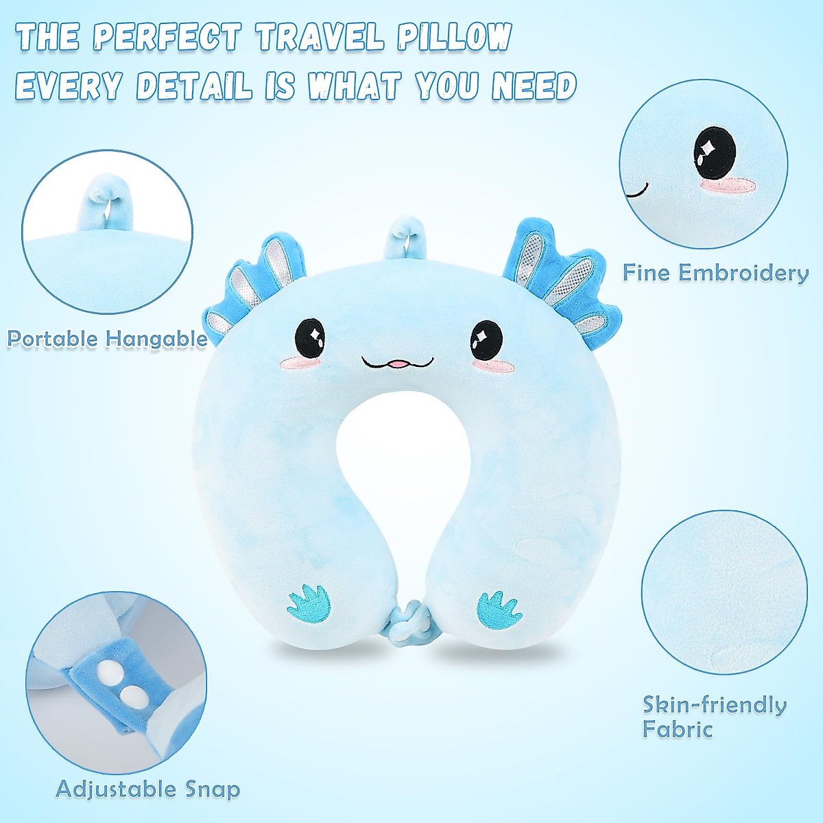 Travel Pillow, Kids Travel Pillow with Sleep Eye Mask Soft Memory Foam Kids Neck Pillow for Boys & Girls, Travel Accessories for Car Airplane Traveling - Blue Axolotl