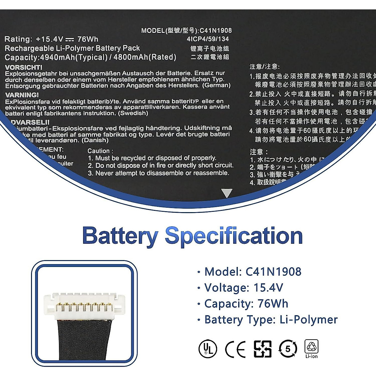 ANTIEE C41N1908 Laptop Battery Replacement for ASUS Zephyrus G14 GA401 GA401II GA401IV GA401IH GA401IU GA401IHR GA401QC GA401IVC GA401QH GA401QM GA401QE PX401IV PX401QM 15.4V 76Wh 4940mAh
