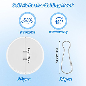 GEEHUA Self Adhesive Ceiling Hook, 30 PCS No Hole Sticky Eye Hooks Wall Small Disc Hook for Hanging Light Plants, Christmas Festival Wedding Decorations Baloon Storage Display(3cm/1.18in)