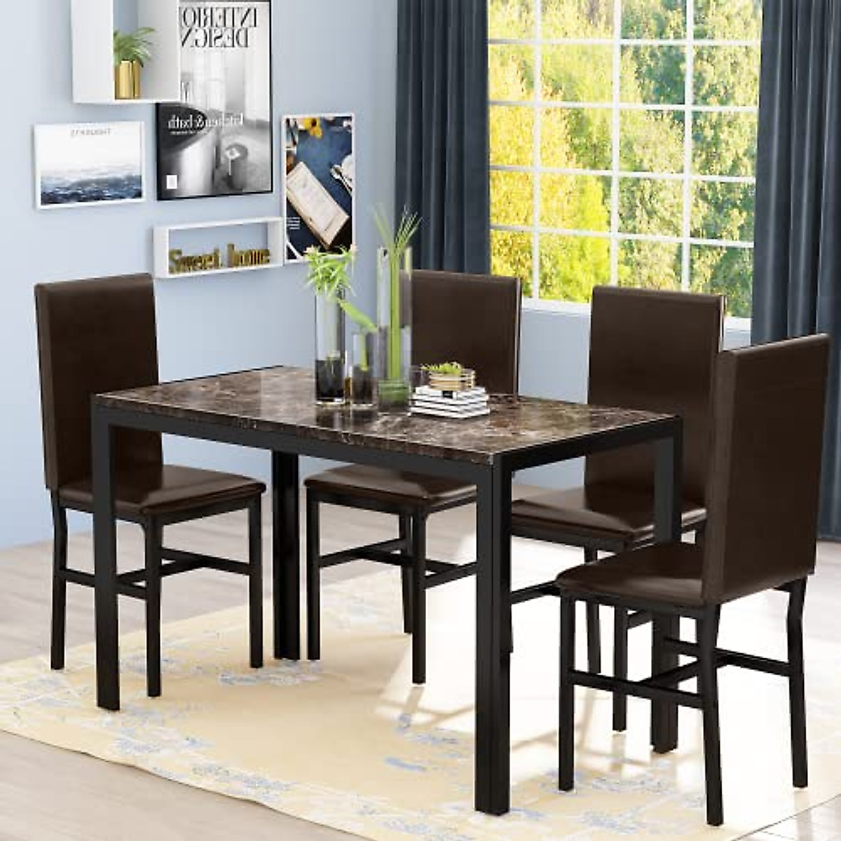 AWQM Dining Table Set for 4, Modern Kitchen Table and Chairs for 4, Faux Marble Table and 4 Upholstered Chairs with Metal Frame, Ideal for Breakfast Nook, Dining Room, Kitchen- Brown