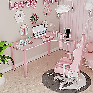 It's_Organized 61 Inch L Shaped Gaming Desk,Space-Saving Corner Desk with Cat Paw Mousepad,Modern PC Computer Study Writing Table for Girl,Easy to Assemble,Pink