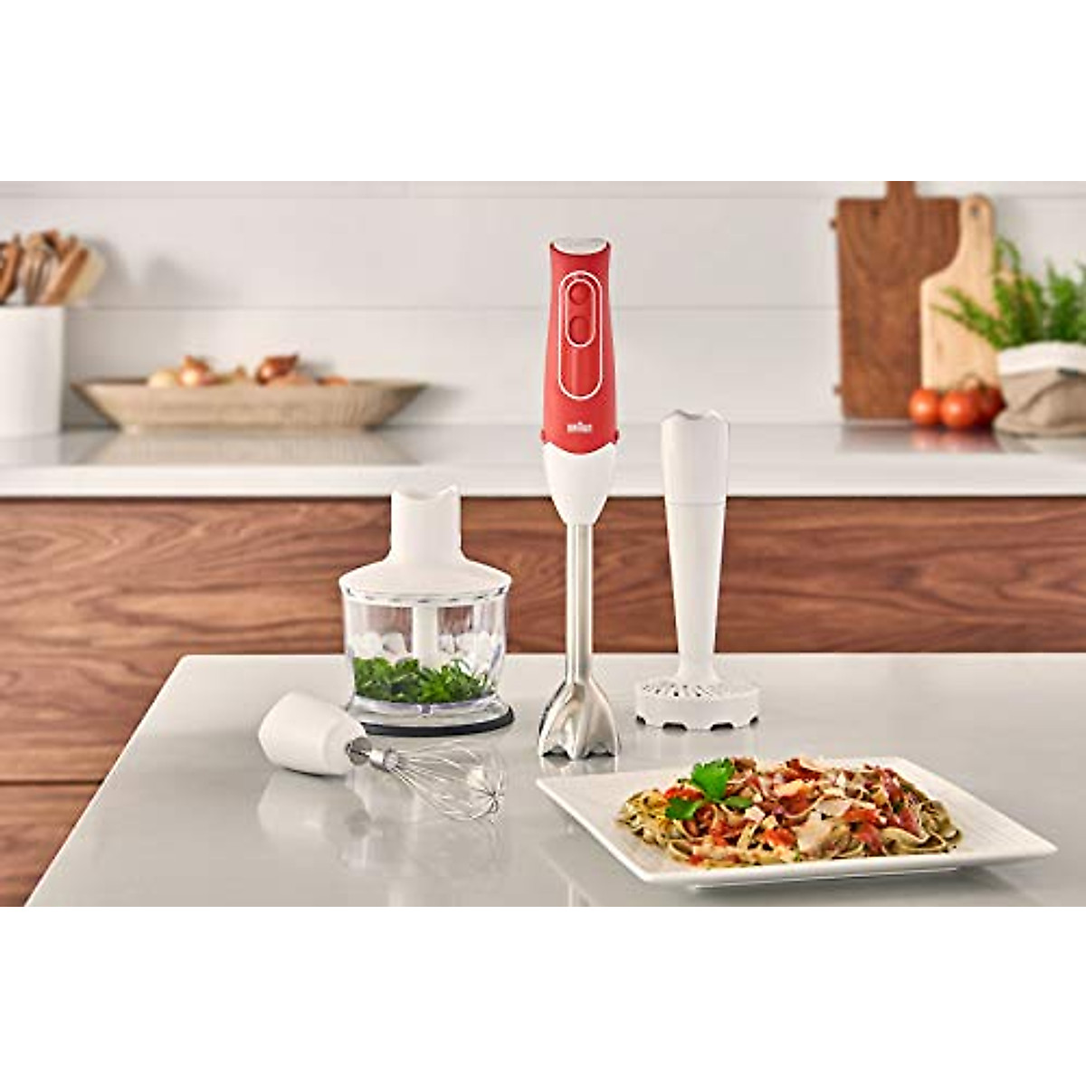 Braun MultiQuick 5 Immersion Hand Blender Patented Technology-Powerful 350 Watt-Dual Speed-Includes Beaker, Whisk, 2-Cup Chopper, Masher, 536, Red