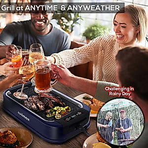 Smokeless Indoor Grill, CUSIMAX Electric Grill with Tempered Glass Lid, 1500 Indoor Grill & Flat Top Griddle for Cusimax Smokeless Grills, Pancake Griddle Plate, Dishwashe-safe, Blue