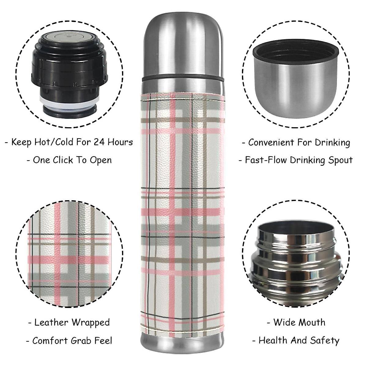 Stainless Steel Leather Vacuum Insulated Mug Cascading Plaid Thermos Water Bottle for Hot and Cold Drinks Kids Adults 16 Oz