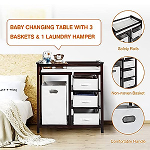 Lovin&Hugin Changing Table, Baby Diaper Changing Table with Laundry Hamper, 3 Storage Baskets and Removable Pad, Brown