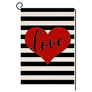 Valentine's Day Love Spring Garden Flag Vertical Double Sided Red Stripe Burlap Yard Outdoor Decor 12.5 x 18 Inches