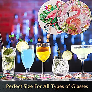 Pink Coasters for Drinks with Holder, Set of 6 Absorbent Ceramic Coaster, Tropical Flamingo Floral Style for Bar Wooden Coffee Tables, Cute Home Party Decor, Gift for Woman,4 Inches