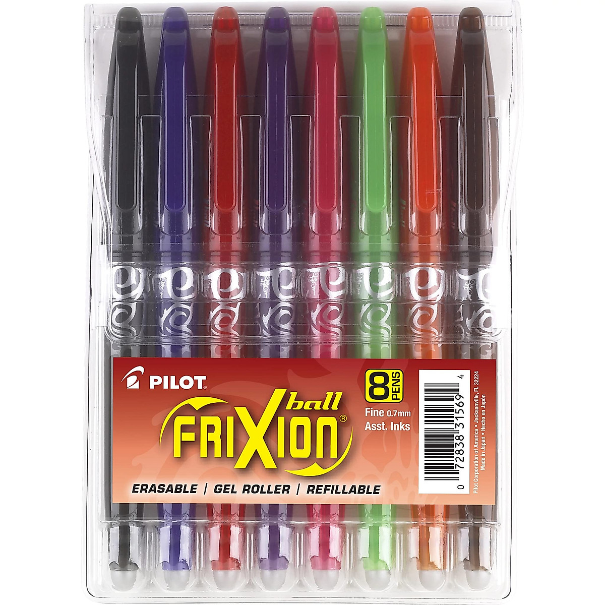 PILOT Pen 31569 FriXion Ball Erasable & Refillable Gel Ink Stick Pens, Fine Point, Assorted Color Inks,8 Count (Pack of 1) Pouch