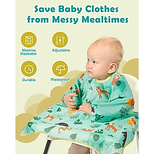 Lictin Coverall Baby Feeding Bibs - 2-Pack Long Sleeve Baby Bibs for Eating, Adjustable Weaning Bibs, Waterproof Bib Attaches and Fully Cover to Baby Highchair and Table