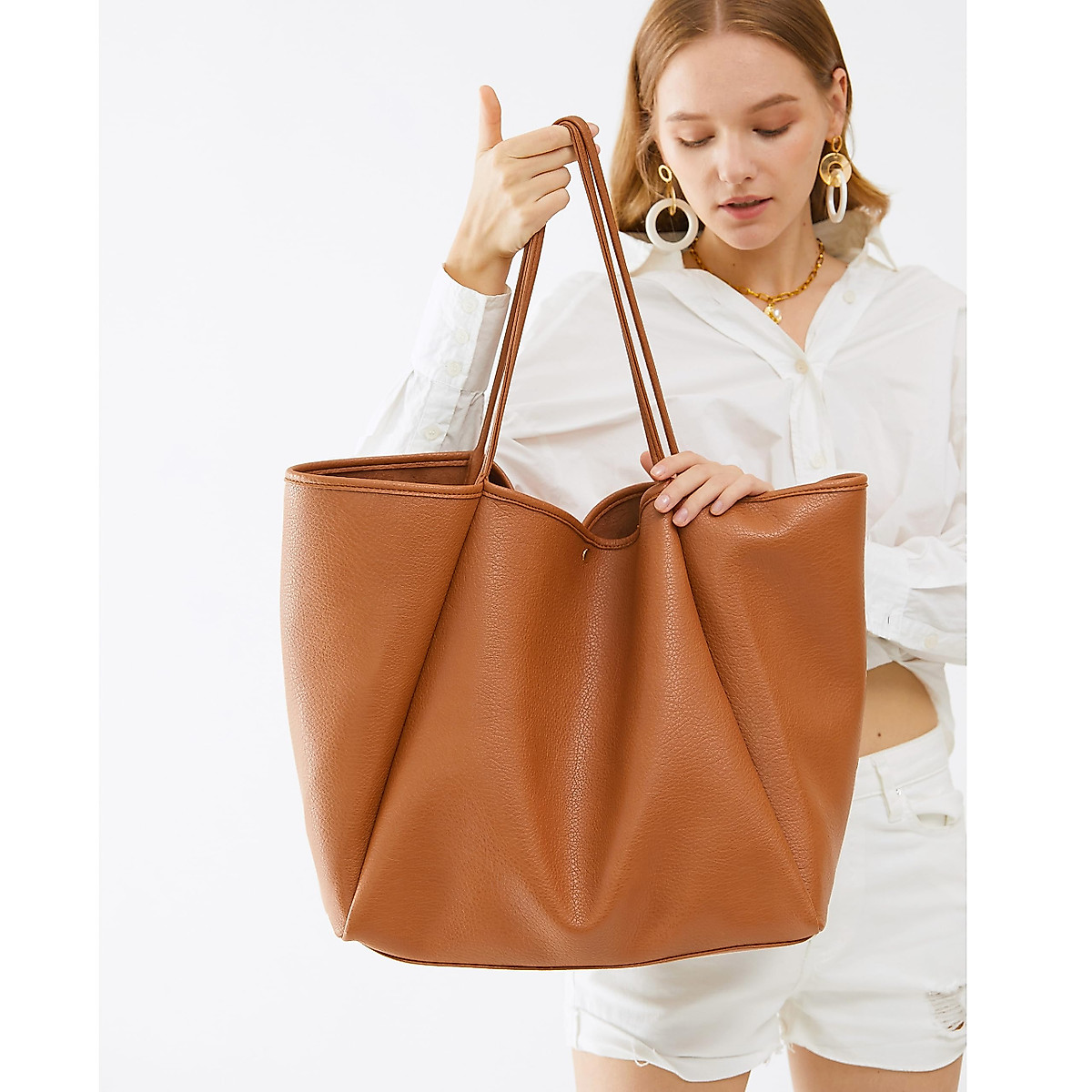 Oversize Vegan Leather Tote Women Weekender Bag Shopper Handbag Travel Purse (Brown)