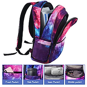 E-Clover Backpack for Girls Kids Galaxy Backpacks Purple Space Bookbags School Bag with Galaxy Lunch Box Set Valentines Day Gifts