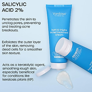 Vanibiss Butt & Thighs Acne Treatment Cream - Reduce Butt Acne, Pimples & Zits - Buttocks Acne Cream - Butt Acne Clearing Lotion - Butt Cream for Bum Acne - 2% Salicylic Acid for Acne Prone Skin (4oz)