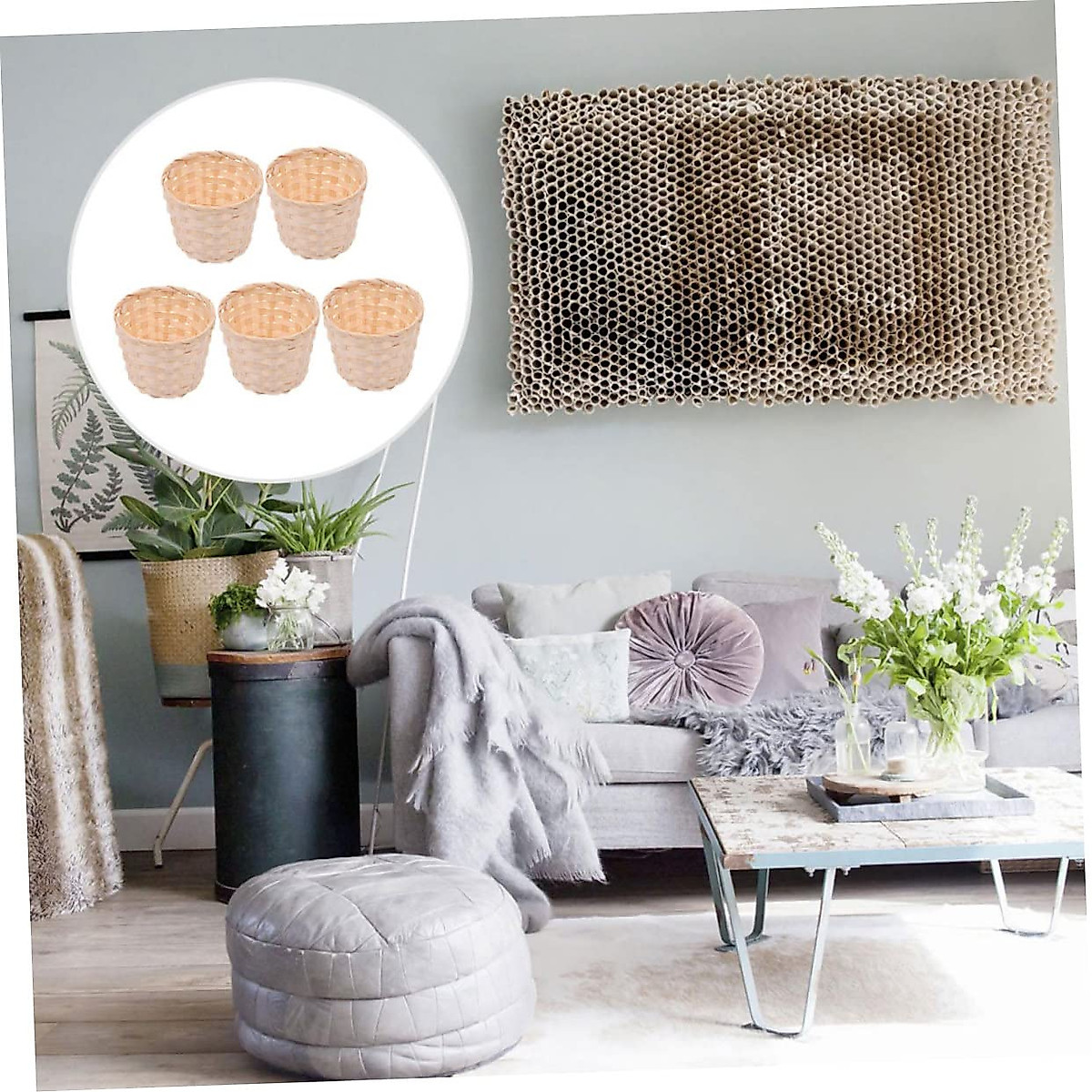 Toyvian 5pcs Woven Basket Storage Basket Woven Bucket Rattan Makeup Basket Small Wicker Baskets Flower Seagrass Belly Basket Wood Chip Basket Woven Cube Candy Bowl Wooden Doll House Round