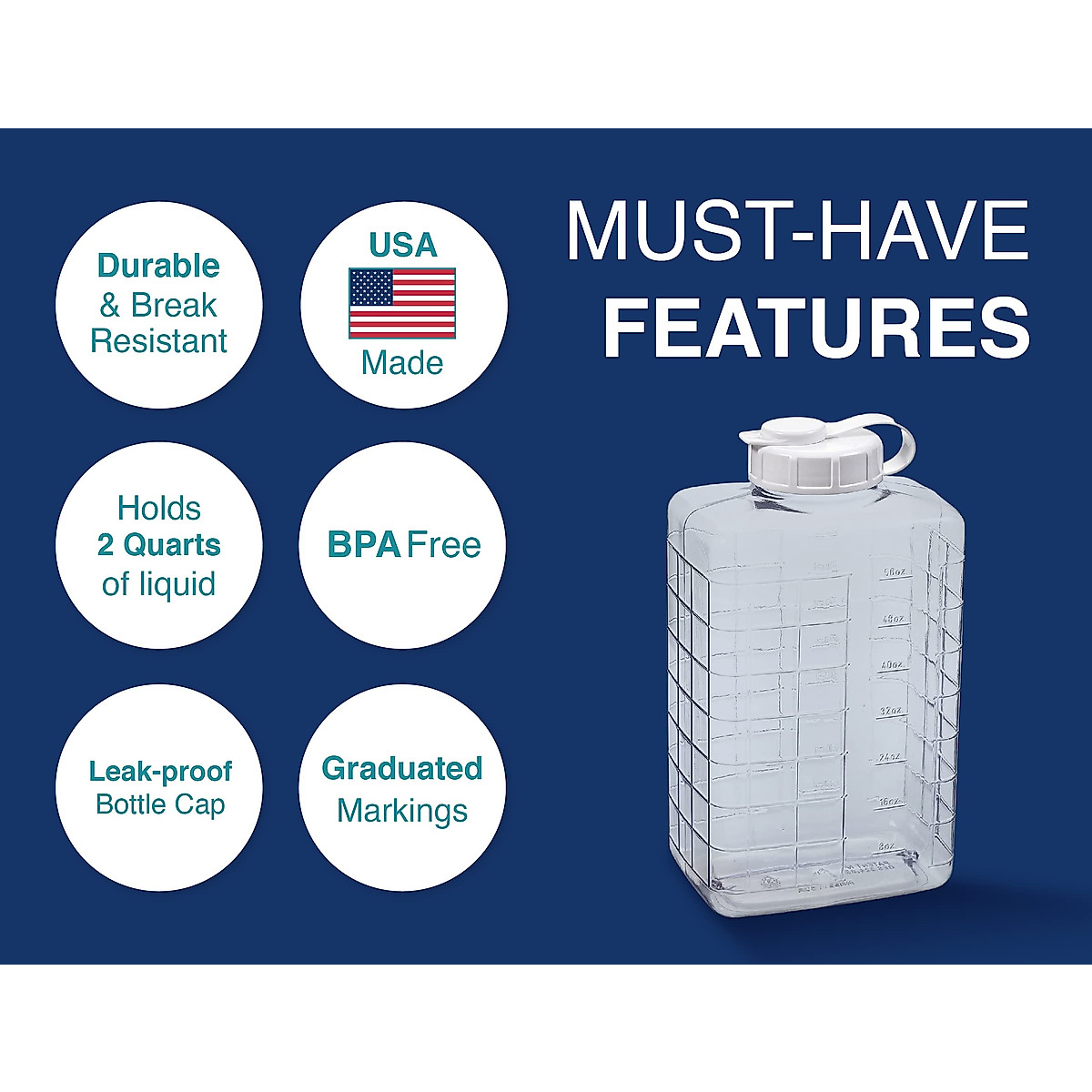 Arrow 2 Qt Bottle with Cap for Cold Drinks - Clear View Plastic Refrigerator Bottle with Easy-Pour Spout and Graduated Markings - Made in USA, BPA Free Plastic - Ideal for Water, Iced Tea, Juice