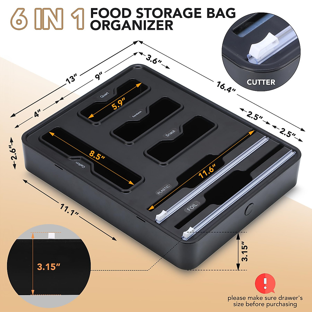 CiWiVOKi Storage Bag Organizer for Drawer, 6 in 1 Foil and Plastic Wrap Dispenser with Cutter, Plastic Kitchen Organizers and Storage for Sandwich Snack Gallon Quart Bags and 12" Aluminum Foil, Black