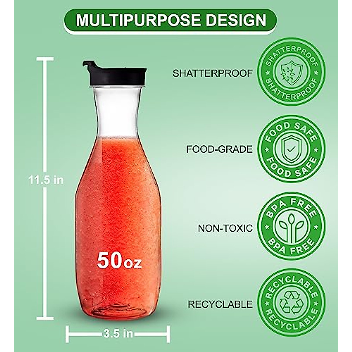 Party Bargains 50 oz. Plastic Carafe with Lids - Clear, 3 Count, Black Flip Tab Lid Premium Quality & Heavy Duty Plastic Pitcher for Iced Tea, Powdered Juice, Cold Brew, Mimosa Bar