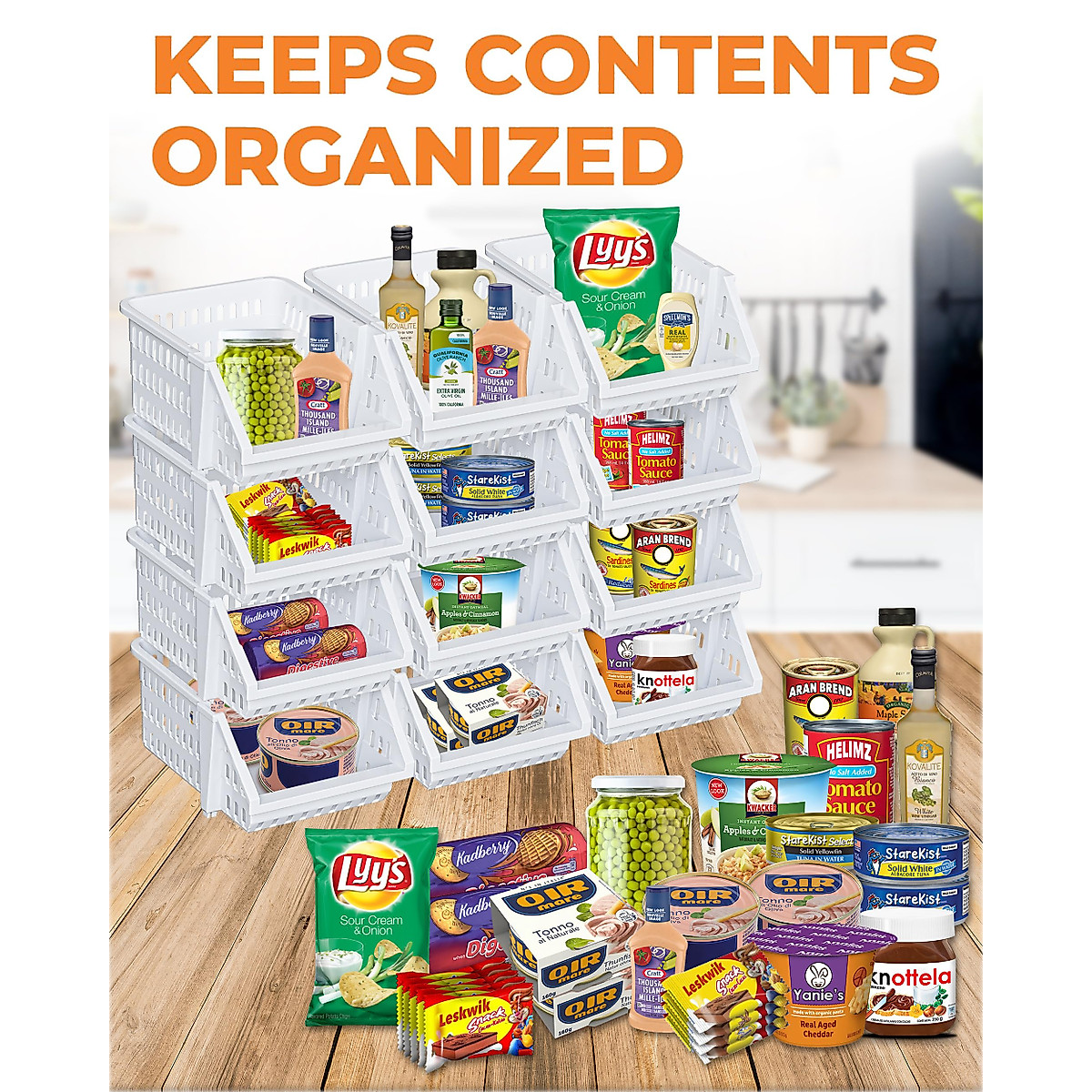 Skywin Plastic Stackable Storage Bins for Pantry - 4-Pack Small Open Front Storage Bins For Toy Organizers and Storage Bins For Pantry, Kitchen, and Bathroom Essentials (White)