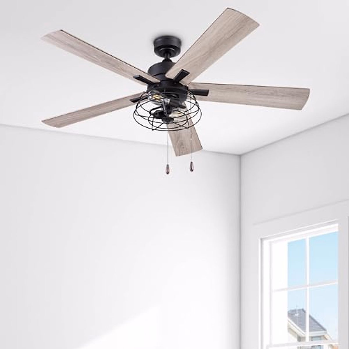 Prominence Home Marshall, 52 Inch Industrial Style LED Ceiling Fan with Light, Pull Chain, Three Mounting Options, Dual Finish Blades, Reversible Motor - Model 51457-01 (Matte Black)