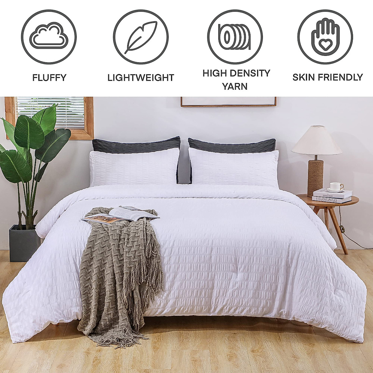 AveLom Seersucker Queen Comforter Set (90x90 inches), 3 Pieces - 100% Soft Washed Microfiber Lightweight Comforter with 2 Pillowcases, All Season Down Alternative Comforter Set for Bedding, White
